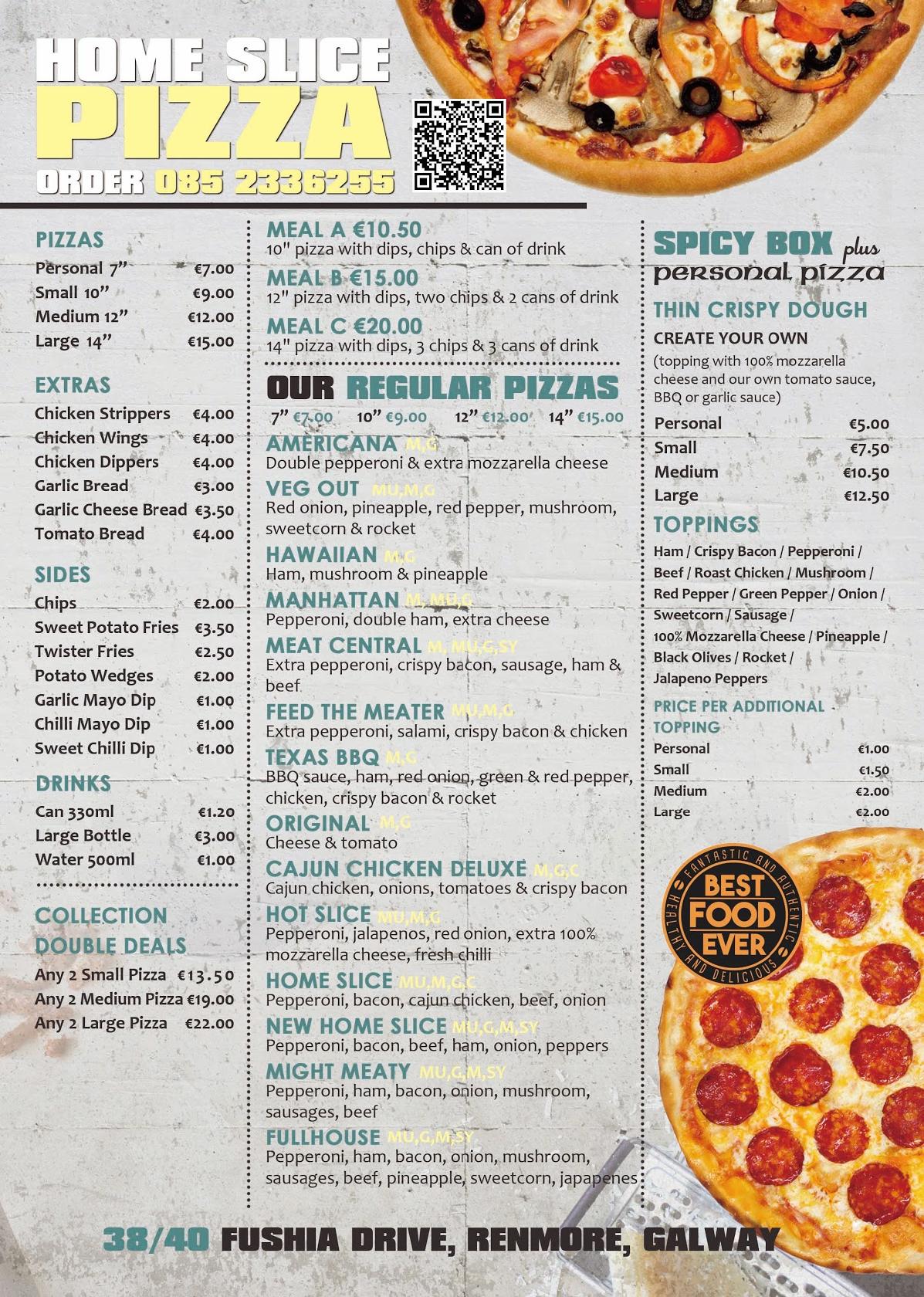 Menu at Home Slice Pizza Takeaway pizzeria, Galway
