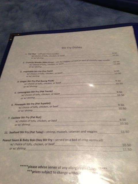 Menu at Magic Thailand Restaurant, Winnipeg