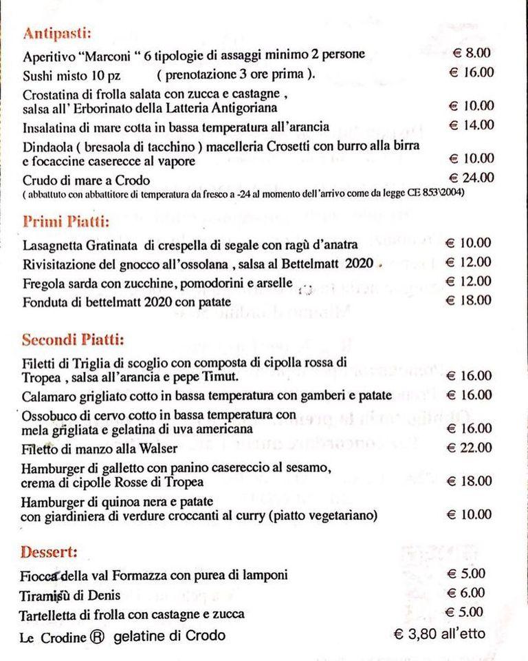 Menu at Marconi restaurant, Crodo