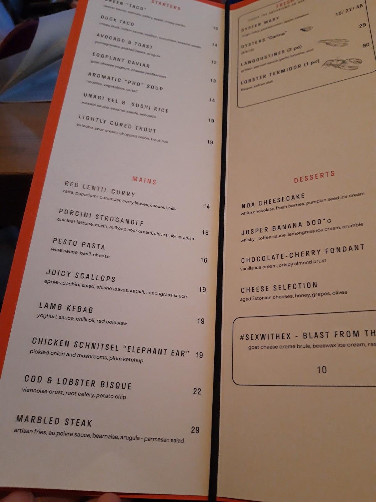 Menu at NOA Restaurant, Tallinn