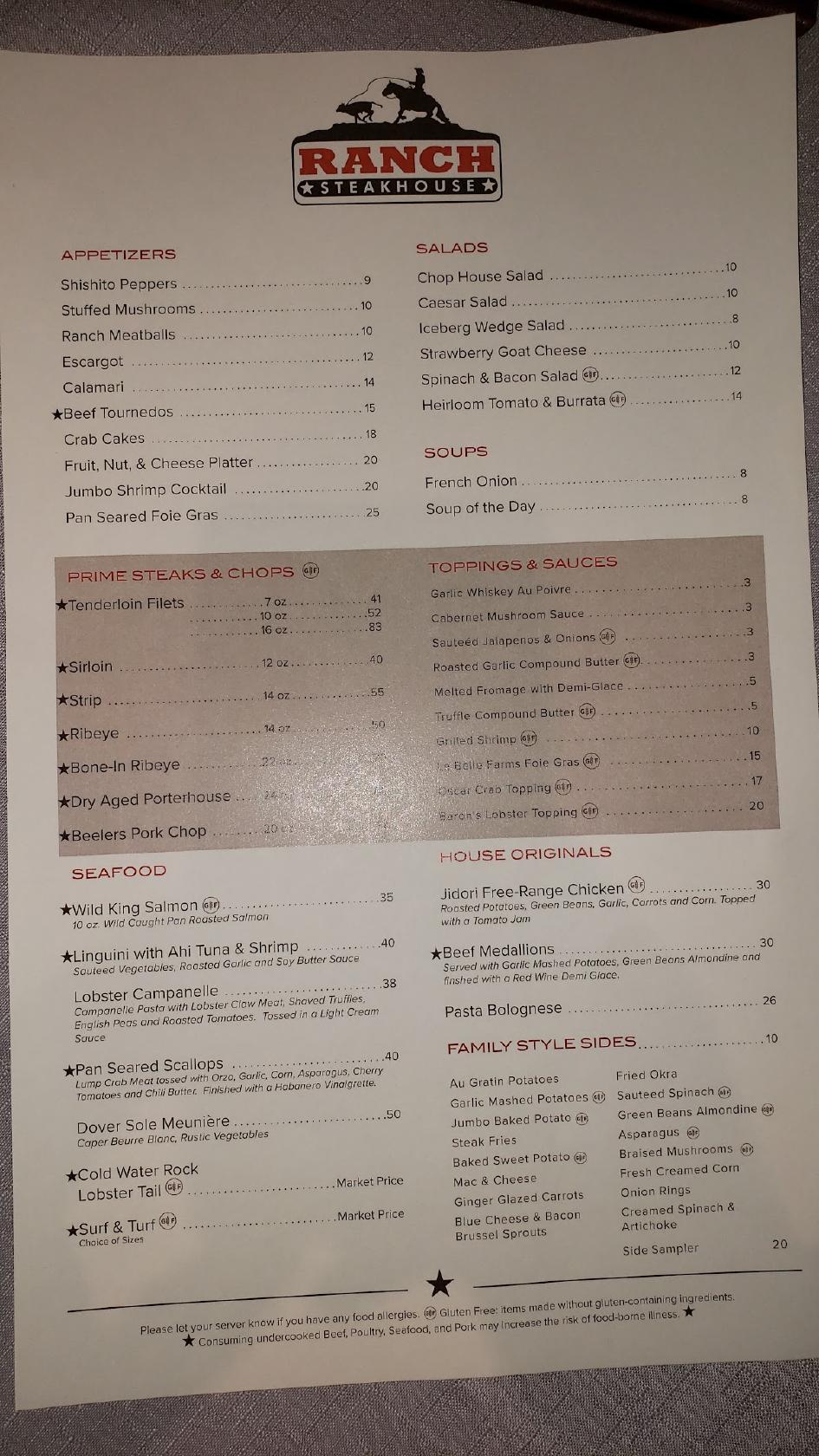 Menu at Ranch Steakhouse, Norman