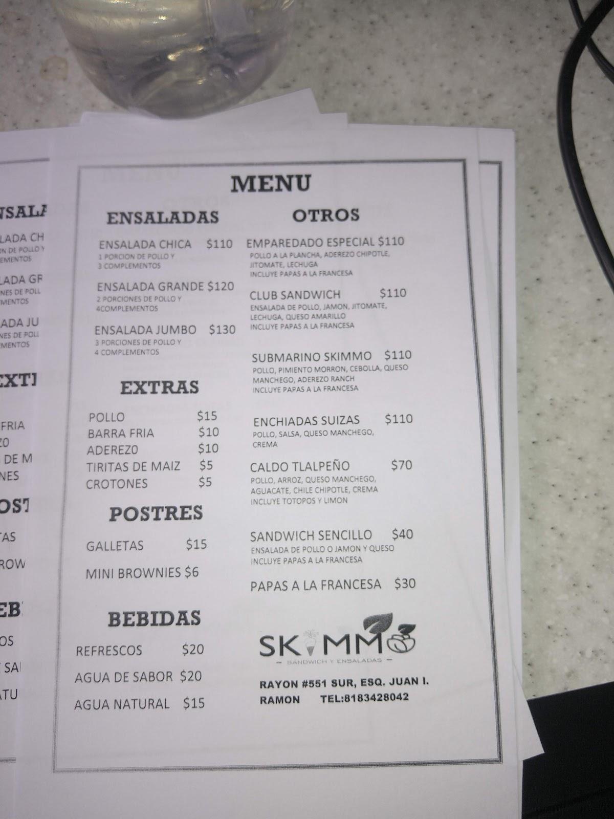 Carta del restaurante Skimmo, Monterrey