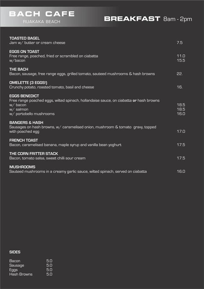 Menu at The Bach Cafe, Ruakaka