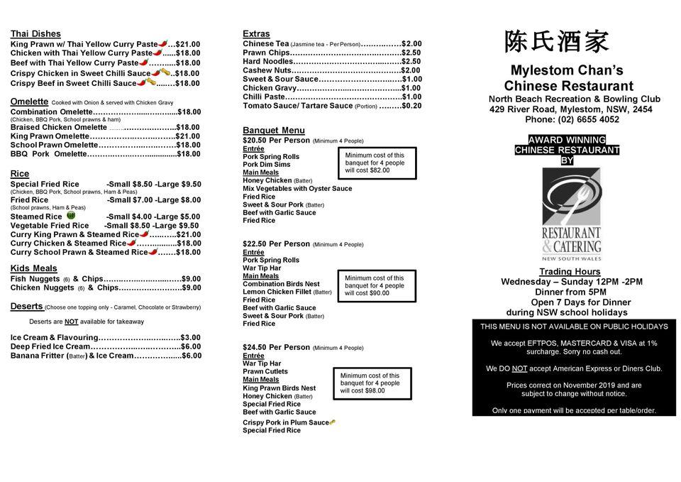 Menu at Chan's Chinese Restaurant Mylestom, Mylestom