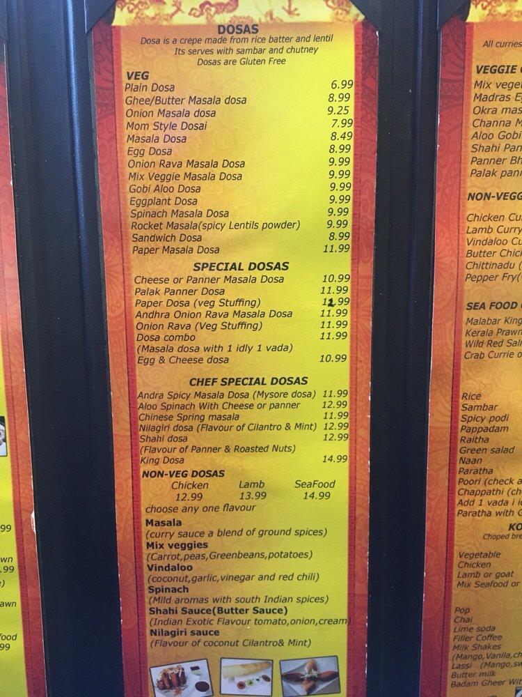 Menu at Dosa Hut restaurant, Vancouver, Fraser St