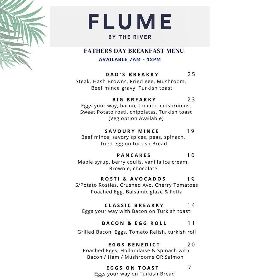 Menu at Flume By The River restaurant, Maroochydore