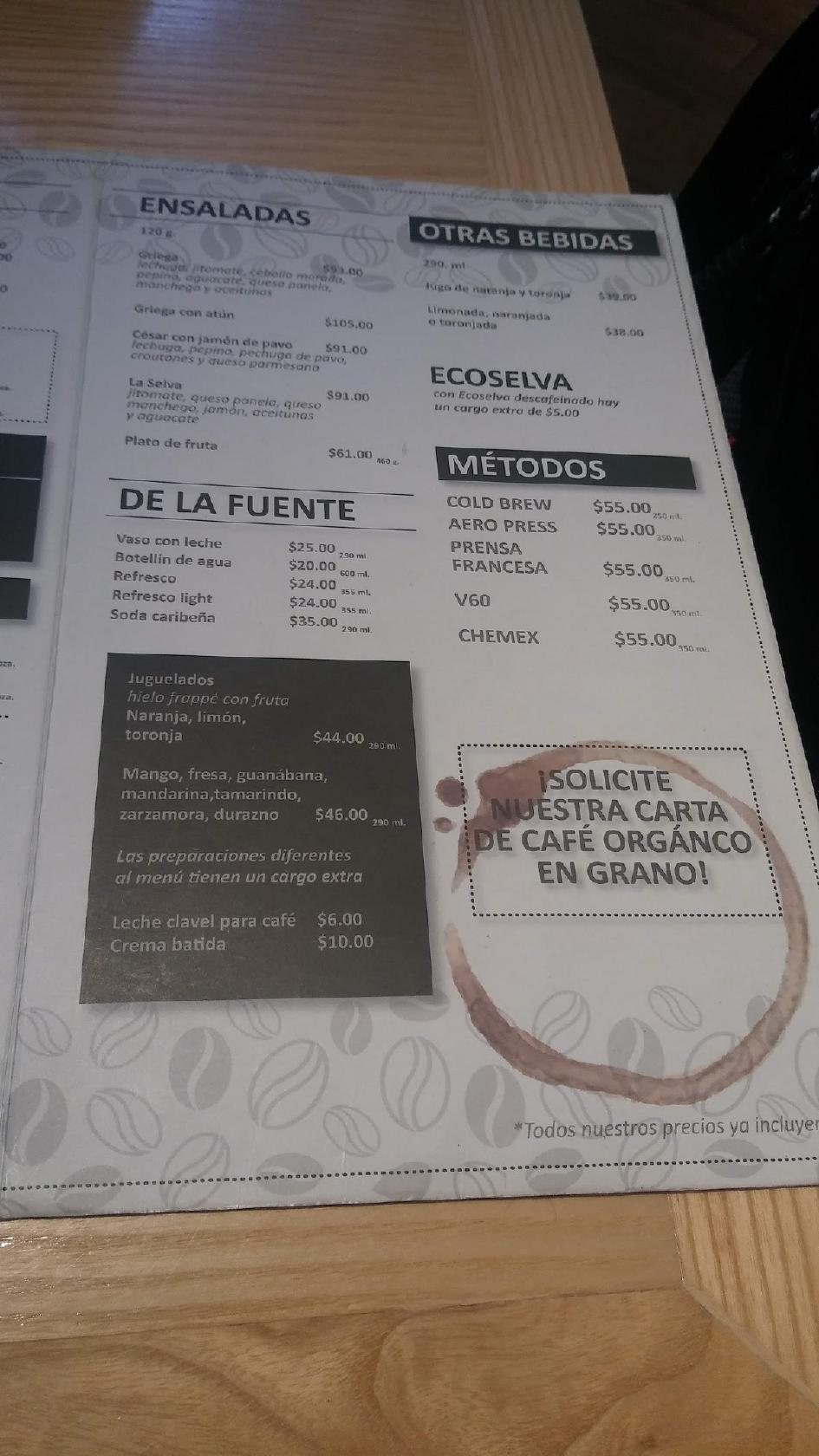 Menu at La Selva Café, Mexico City, Av Miguel Ángel de Quevedo 115