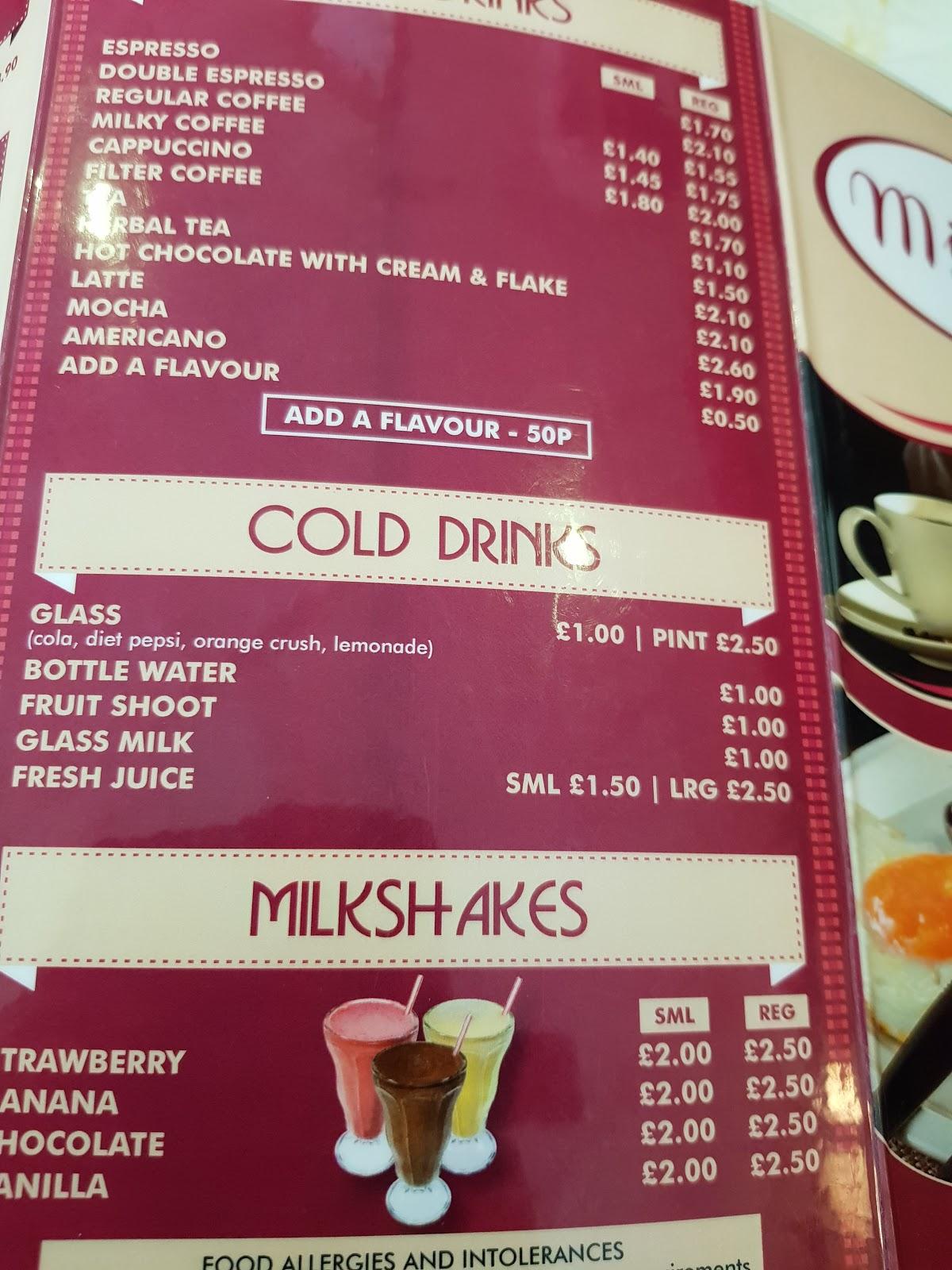 Menu at Milano's Cafe, Swansea