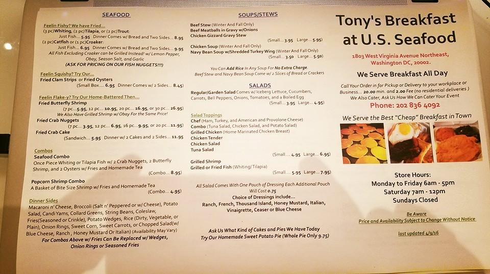 Menu at US Seafood/Tony's Breakfast restaurant, Washington