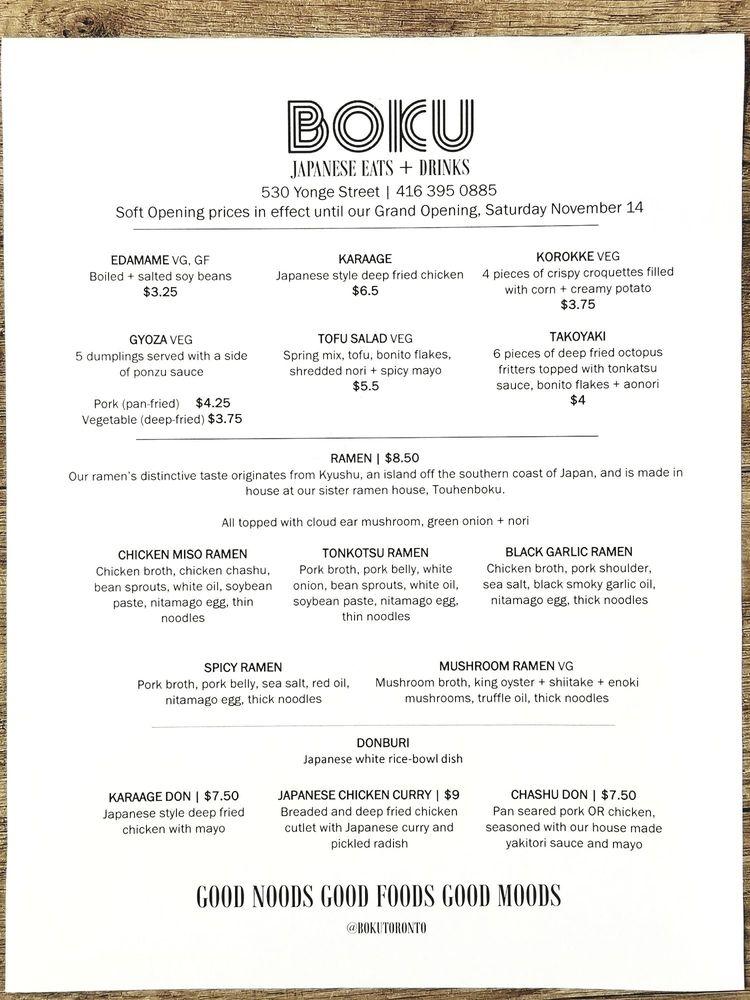 Menu at BOKU (Yonge St.) restaurant, Toronto, 530 Yonge St