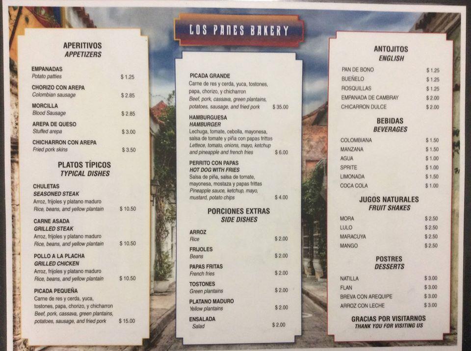 Menu at Los Panes Bakery, Cape Coral