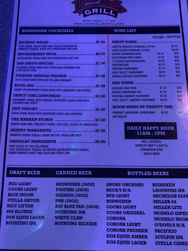 Menu at Moon Valley Grill pub & bar, Phoenix