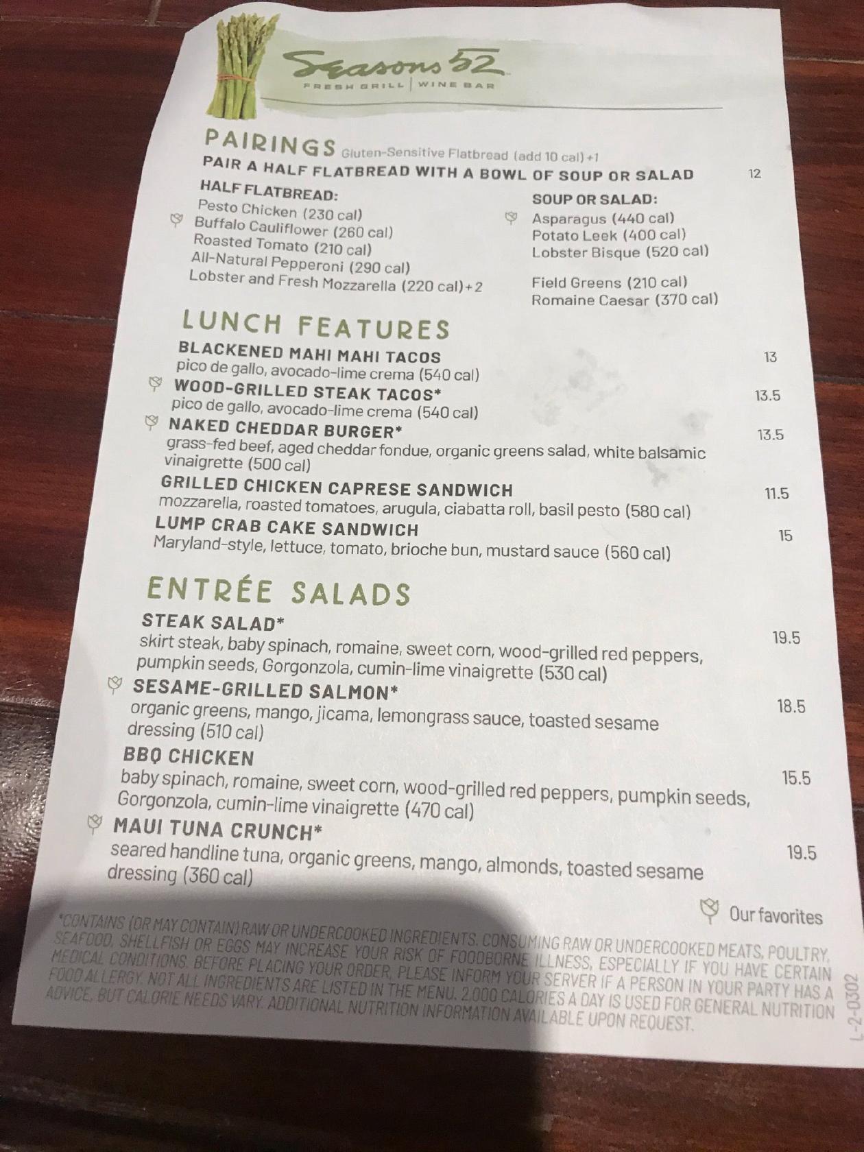 Menu at Seasons 52 pub & bar, Fort Lauderdale
