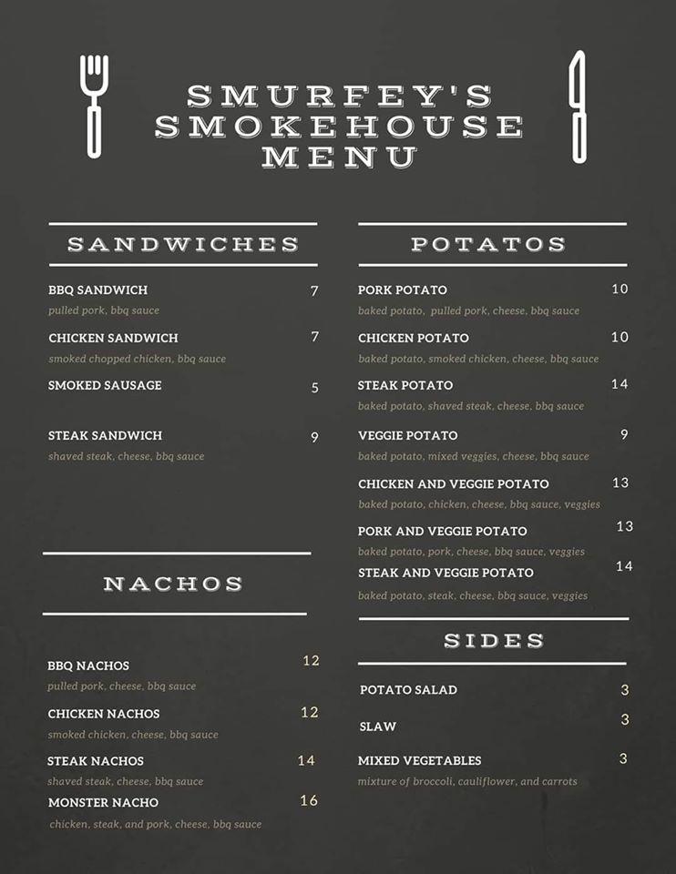 Menu at Smurfey's Smokehouse restaurant, Memphis