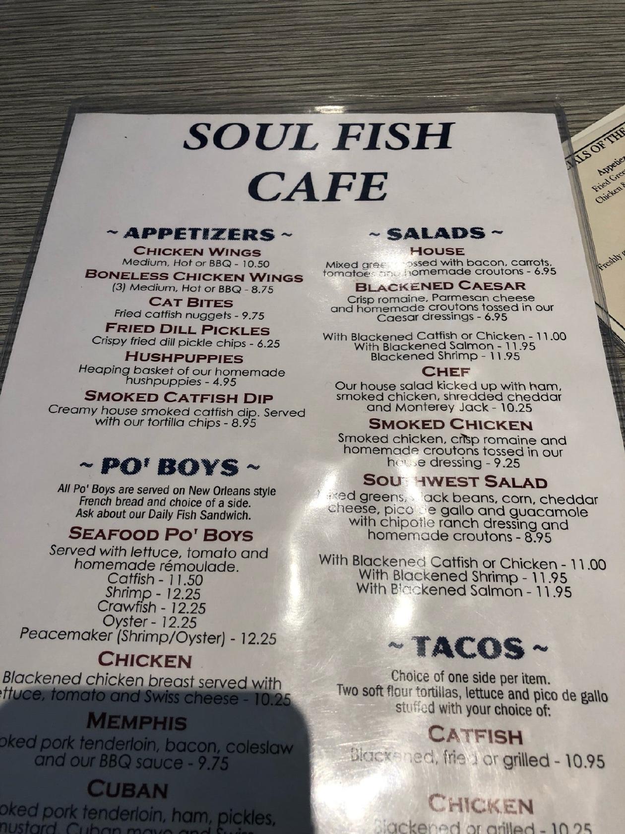 Menu at Soul Fish Cafe, Memphis, 862 Cooper St