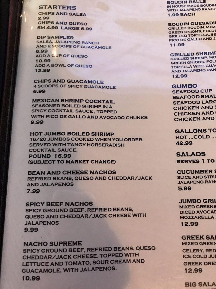 Menu at Tia Juanita's Fish Camp restaurant, Lumberton