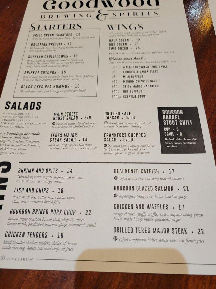 Menu at Goodwood Indy restaurant, Indianapolis