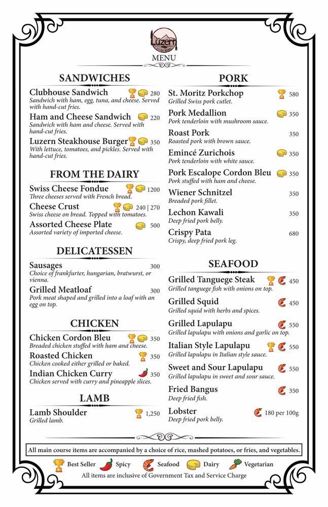 Menu at Luzern Steakhouse, Cebu City