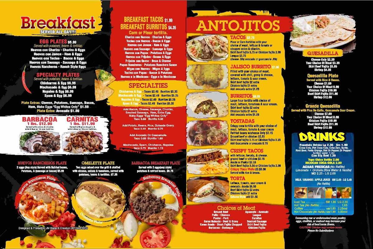 Menu at Mini Jalisco Drive Thru restaurant, Gregory