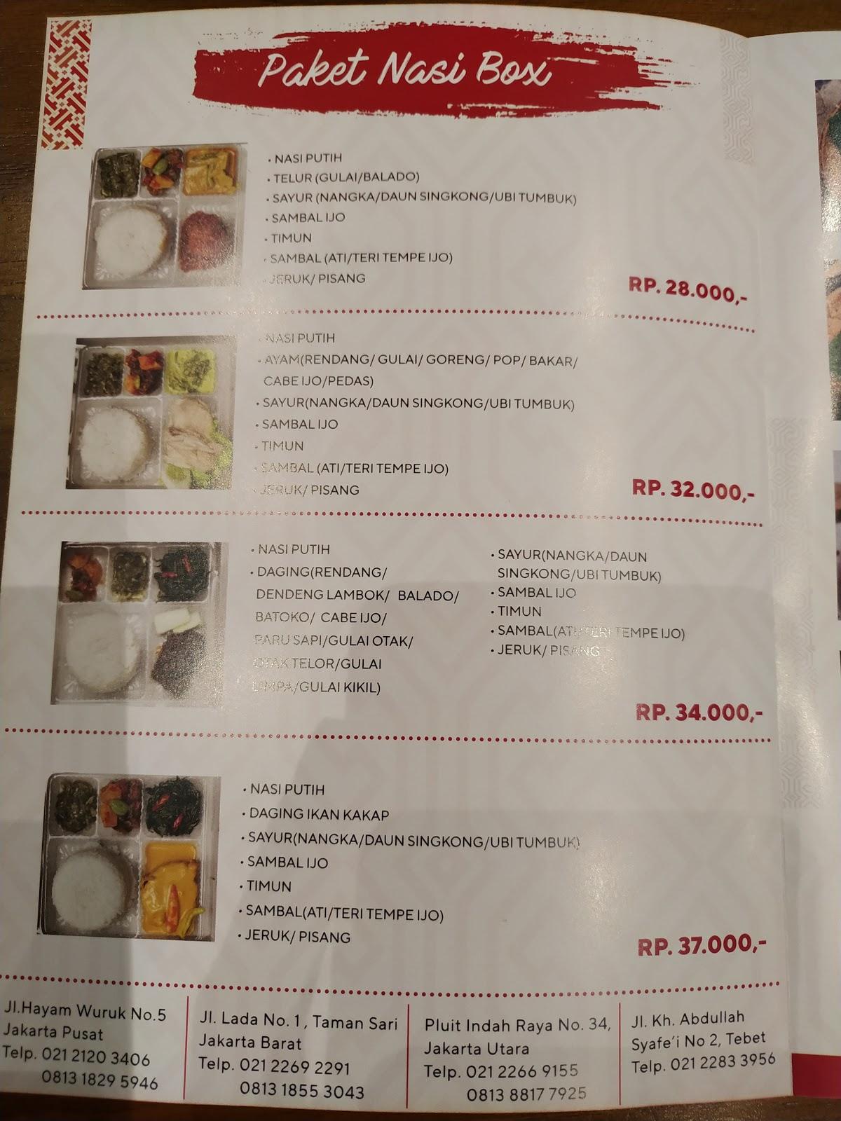 Menu at Padang Merdeka restaurant, West Jakarta, Jl. Lada No.1