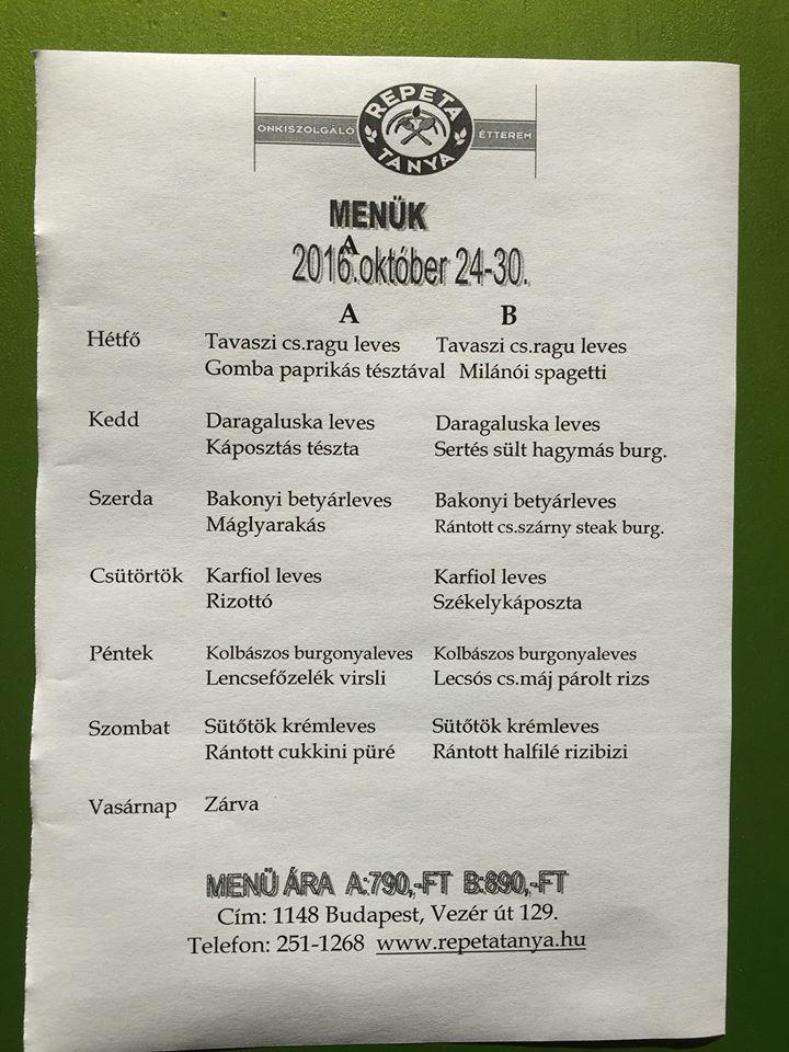 Menu at Repeta Tanya restaurant, Budapest