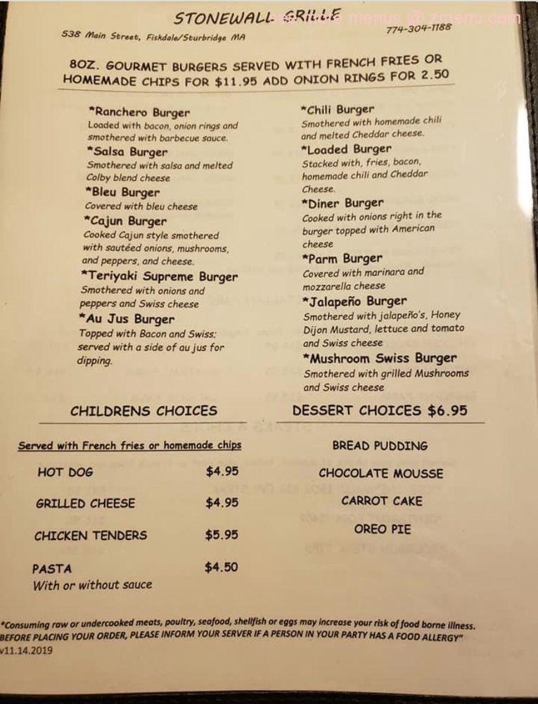 Carta de parrilla Stonewall Tavern &Grille, Sturbridge