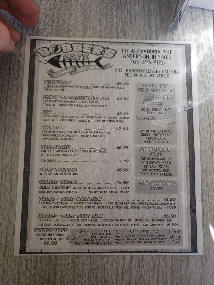 Menu at Bobber's Cafe at Shadyside Bait & Tackle, Anderson