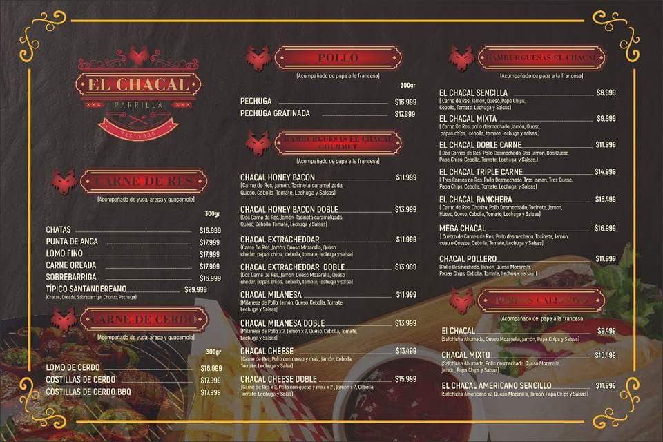 Carta de Comida rápida El Chacal Parrilla, Bucaramanga