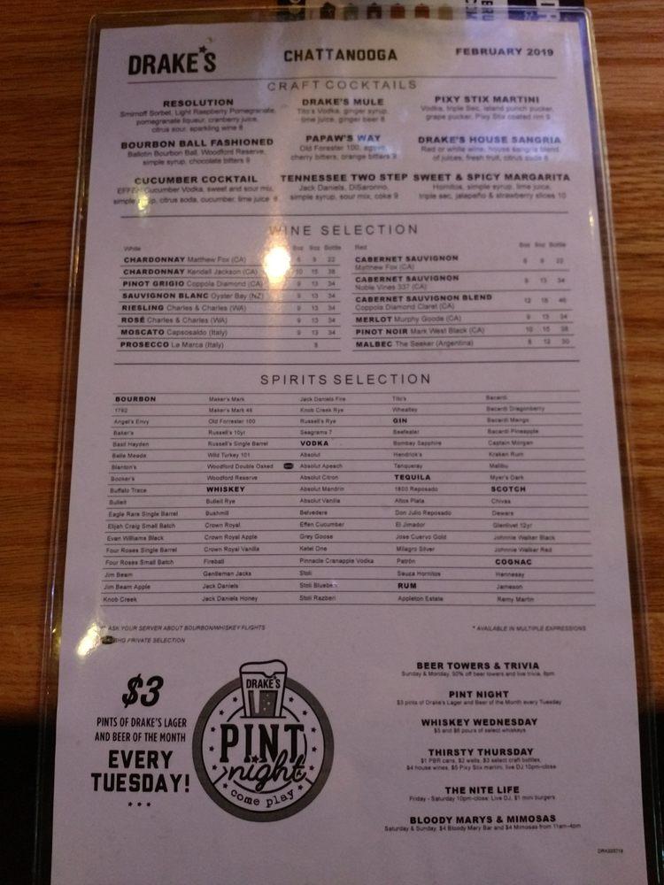 Menu at Drake's Chattanooga restaurant, Chattanooga