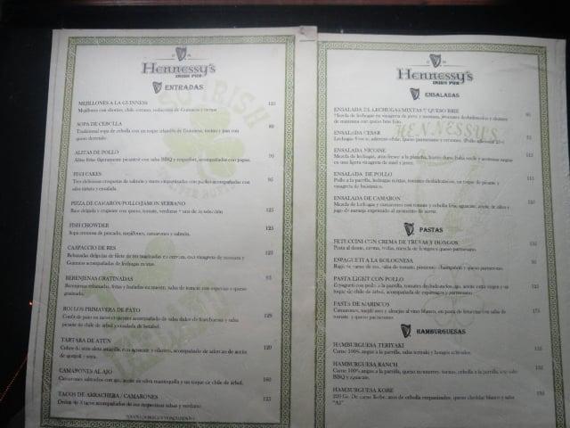 Menu at Hennessys Irish Pub, Merida