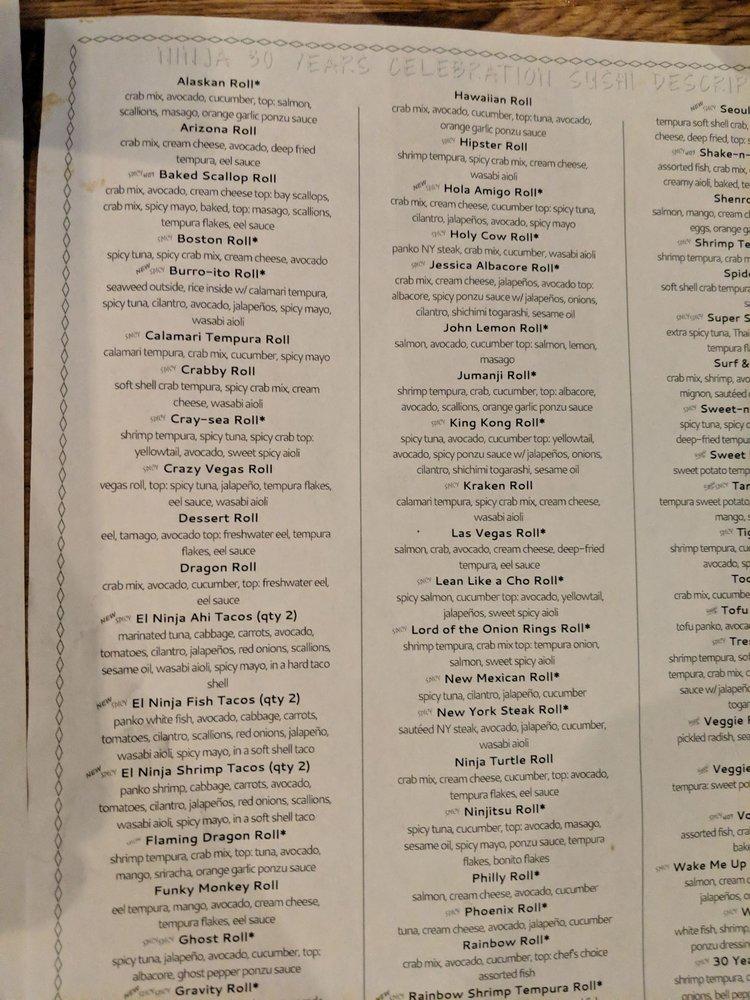 Menu at Ninja Japanese Restaurant, Chandler