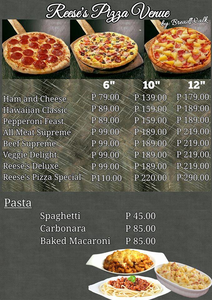 Menu at Reese's Pizza Venue restaurant, Butuan City