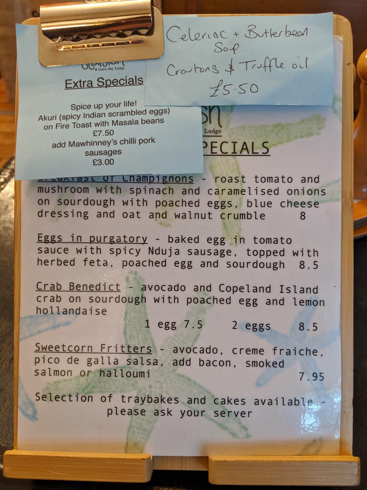 Menu at The Starfish cafe, Bangor