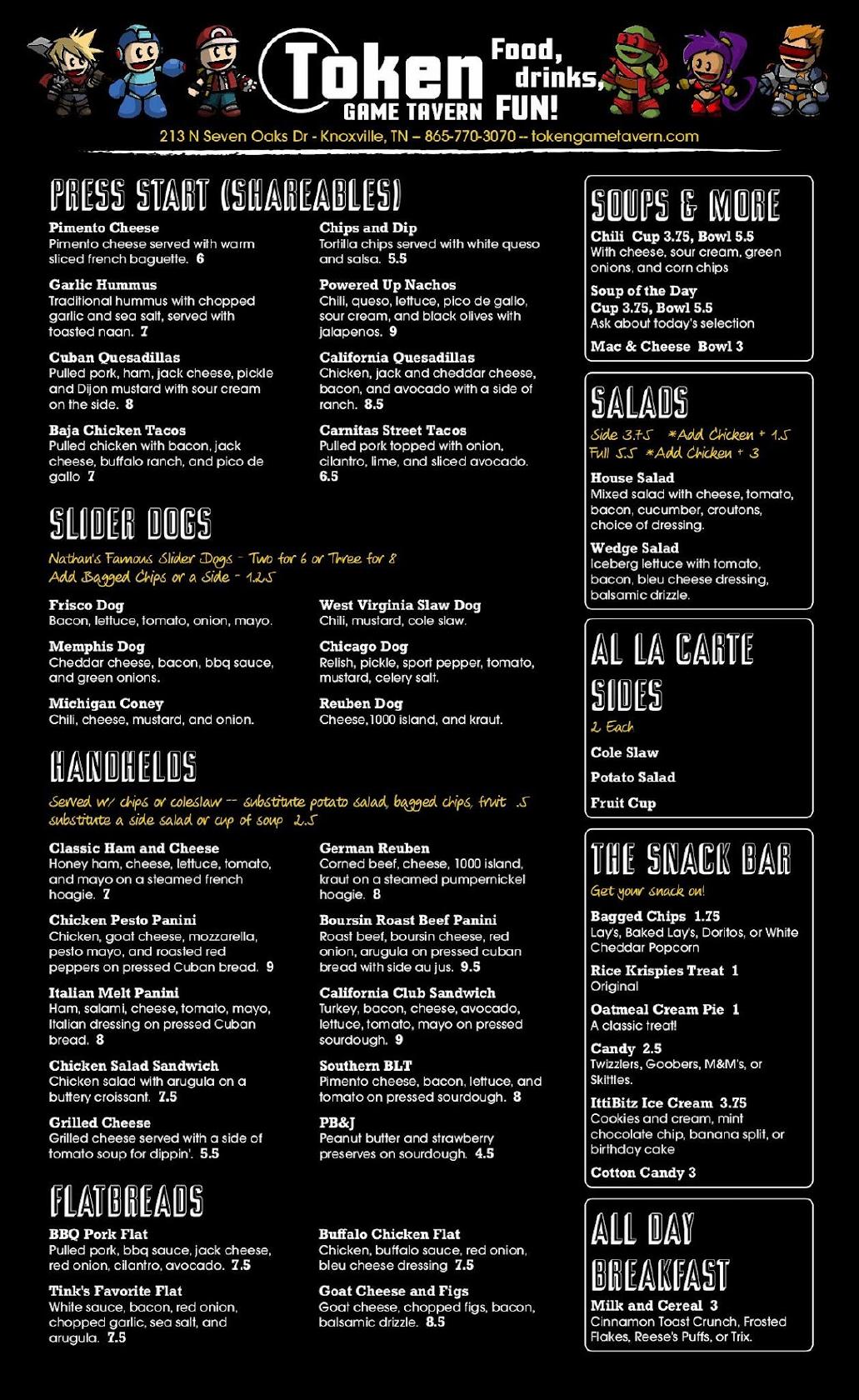 Menu at Token Game Tavern pub & bar, Knoxville
