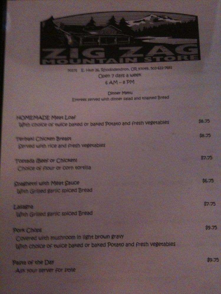 Menu at Zigzag Mountain Cafe, Mount Hood Village