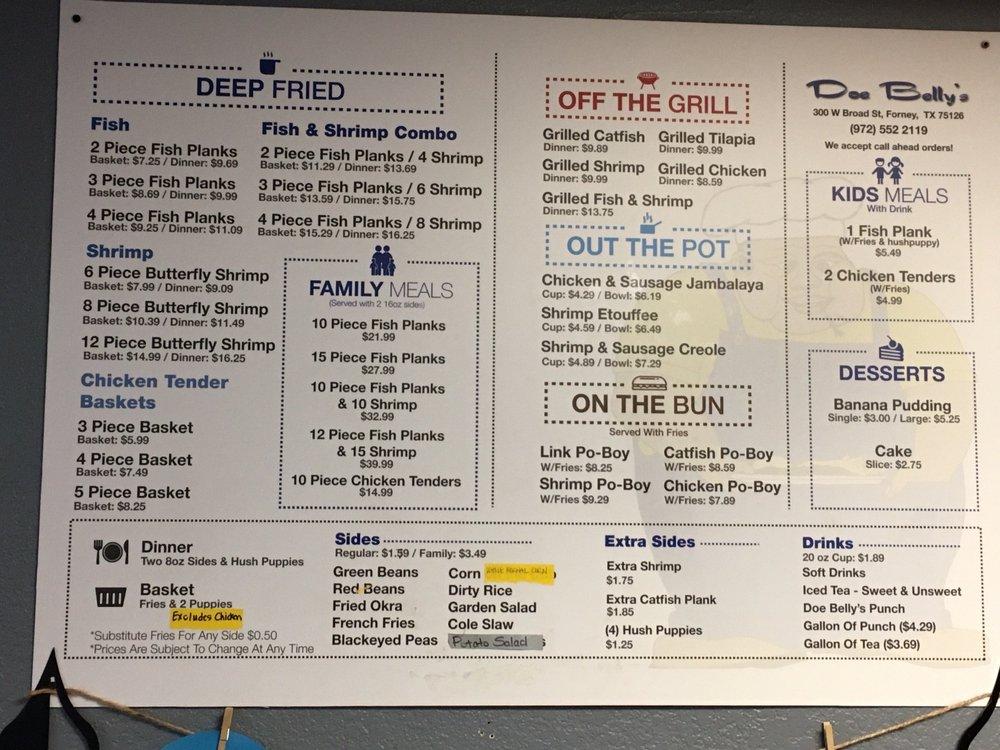 Menu at Doe Belly's restaurant, Forney
