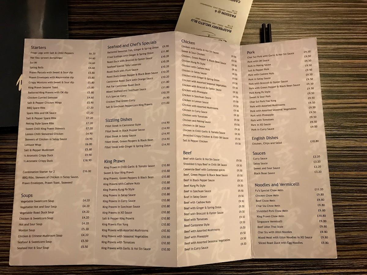 Menu at Fu's restaurant, Caernarfon, Block A