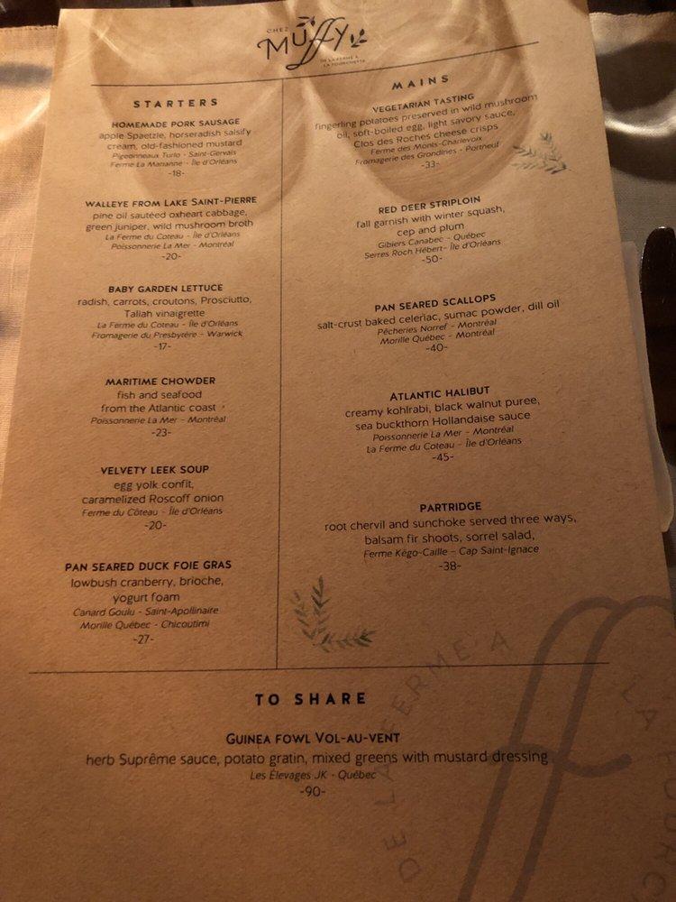 Menu at Chez Muffy restaurant, Québec City