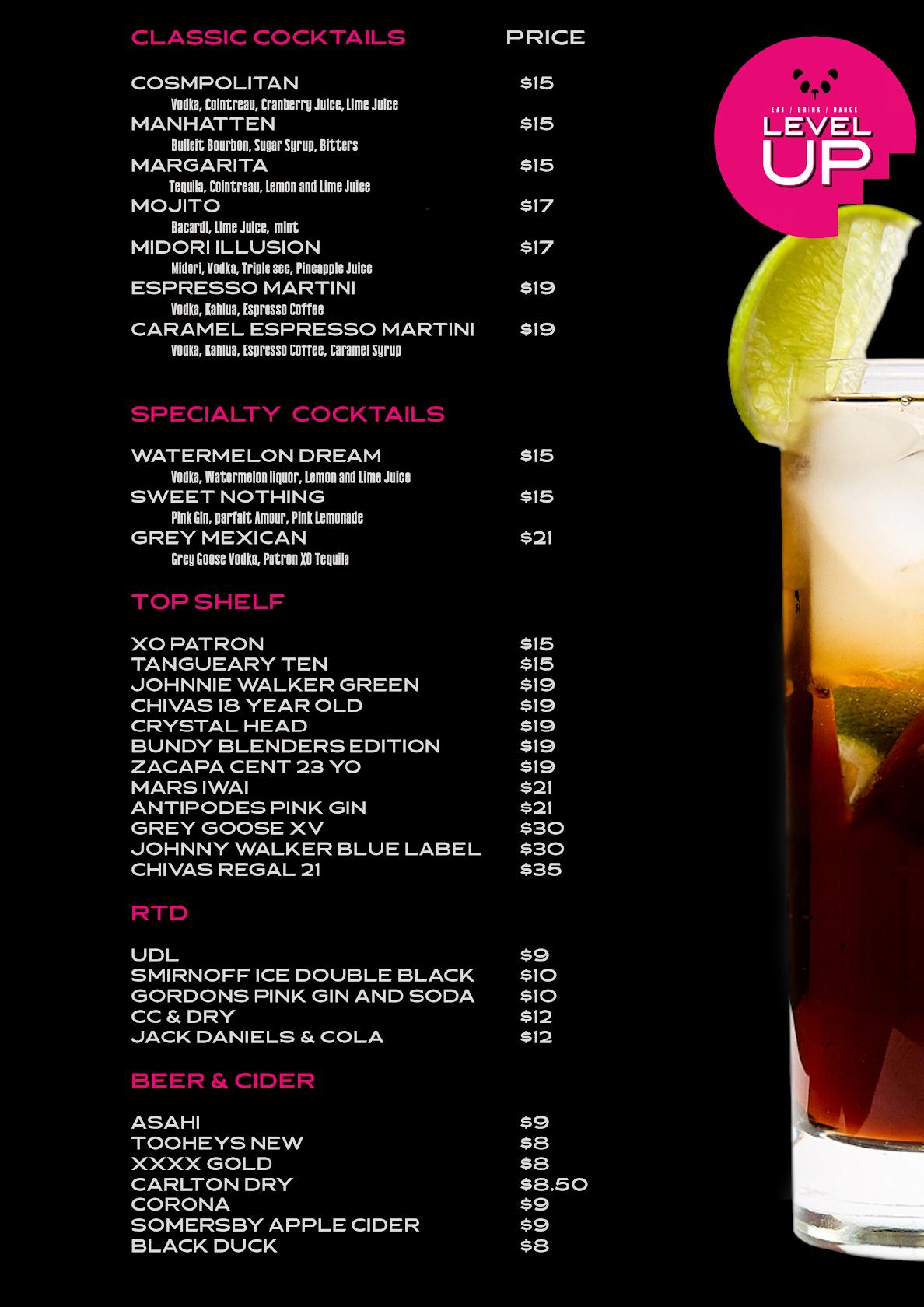 Menu at Level up pmq pub & bar, Port Macquarie