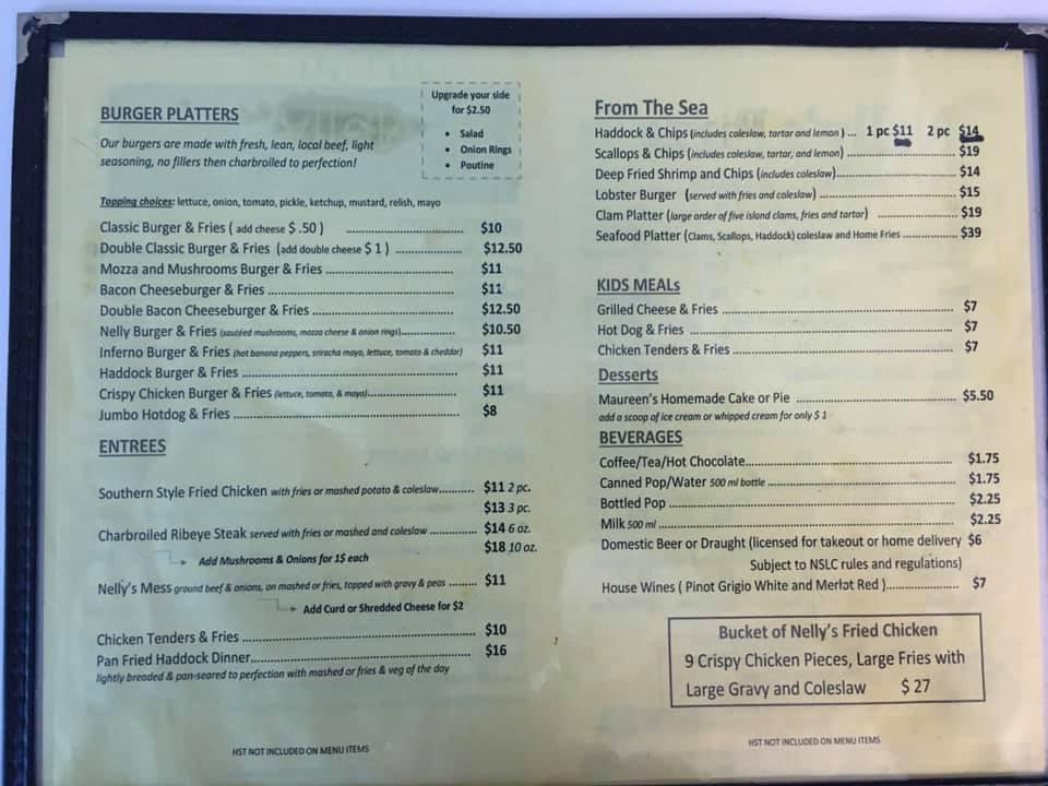 Menu at Nelly's Grill and Dairy Bar, Canada