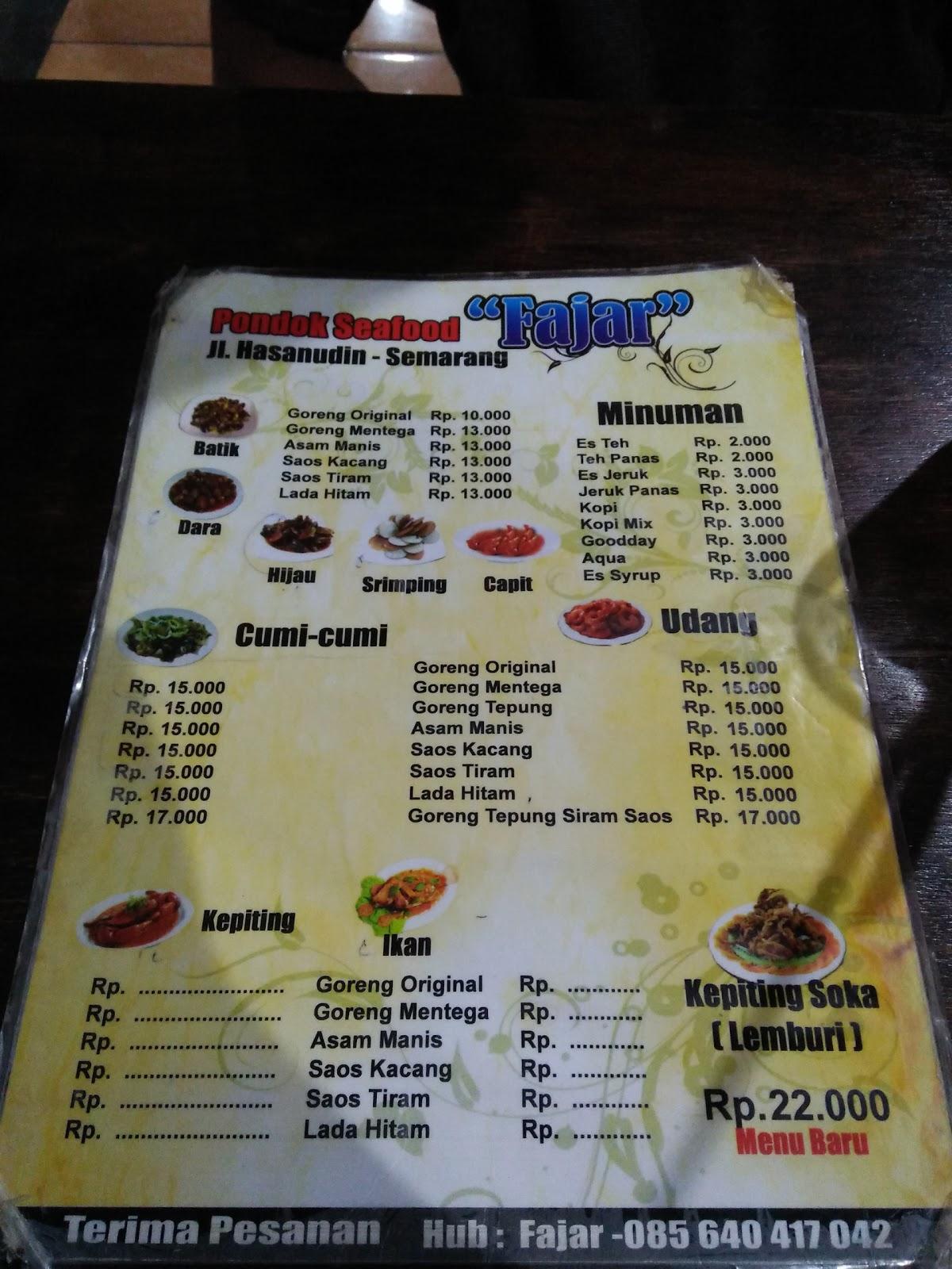 Carta del restaurante Pondok Seafood & Bakaran Fajar, Semarang, Jl ...