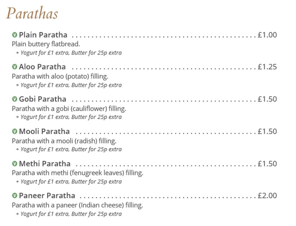 Menu at Pure Paratha restaurant, Birmingham