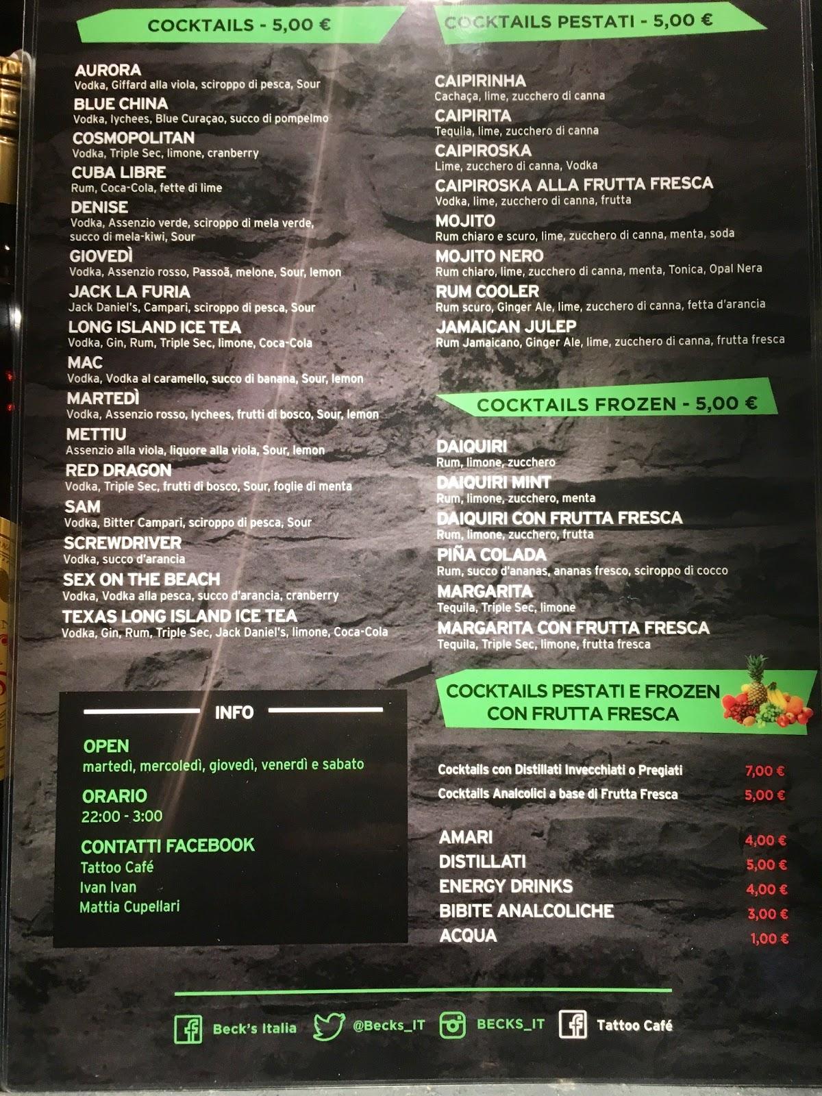 Menu at Tattoo cafè (drinks, beer and shot) pub & bar, Turin