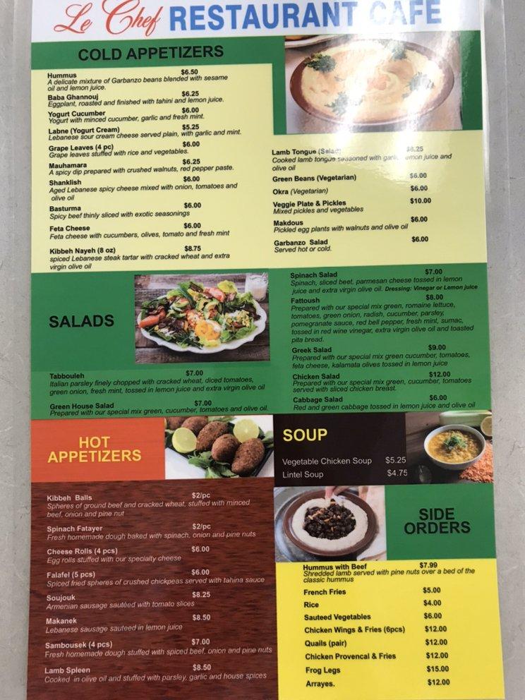 Menu at LE Chef Mediterranean restaurant, Upland