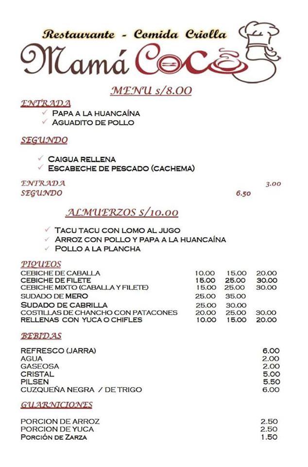 Menu at Mamá Coco restaurant, Piura