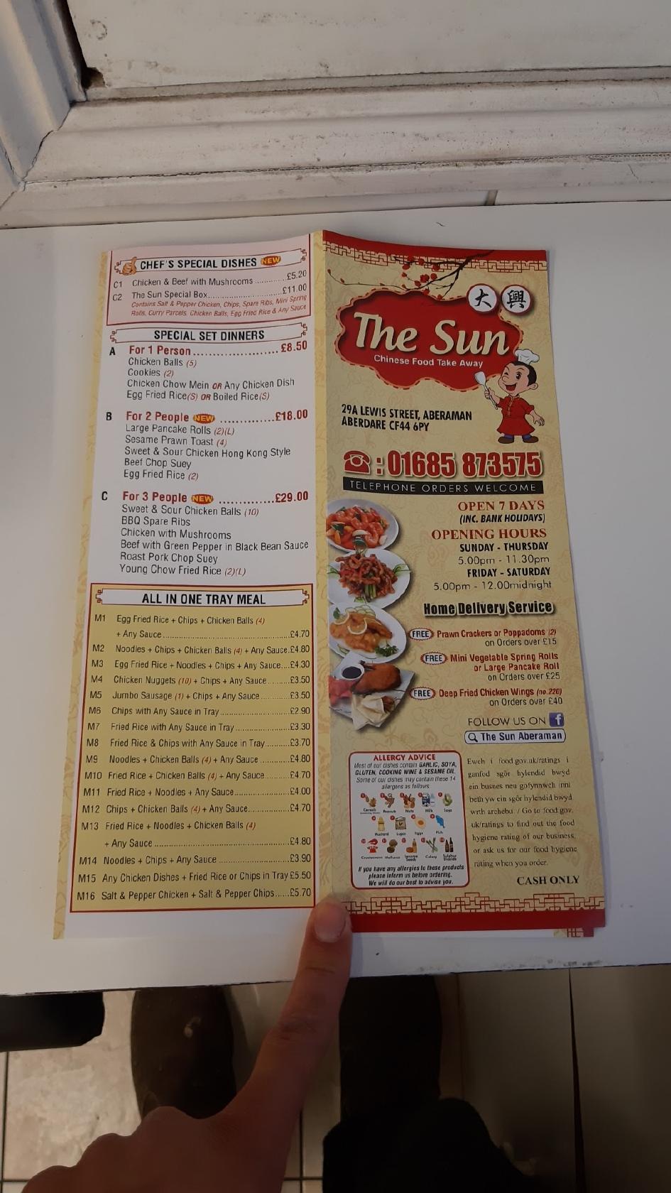 Menu at The Sun Chinese Take Away fast food, Aberdare