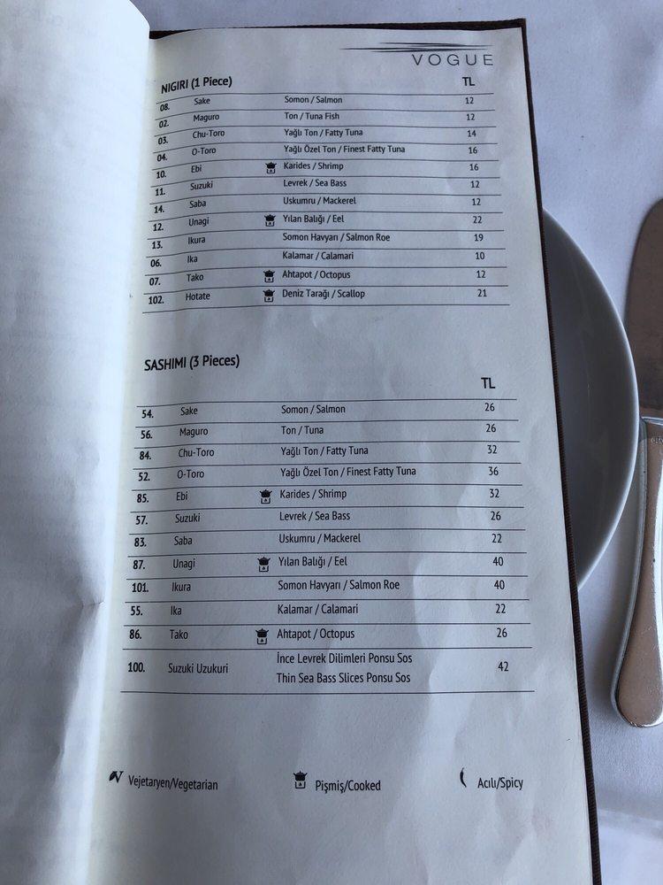 Menu at Vogue Restaurant & Bar, Istanbul, BJK Plaza