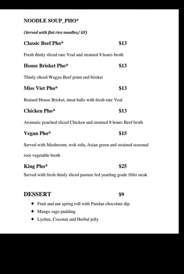 Carta del restaurante Miss Viet Kitchen, Port Adelaide