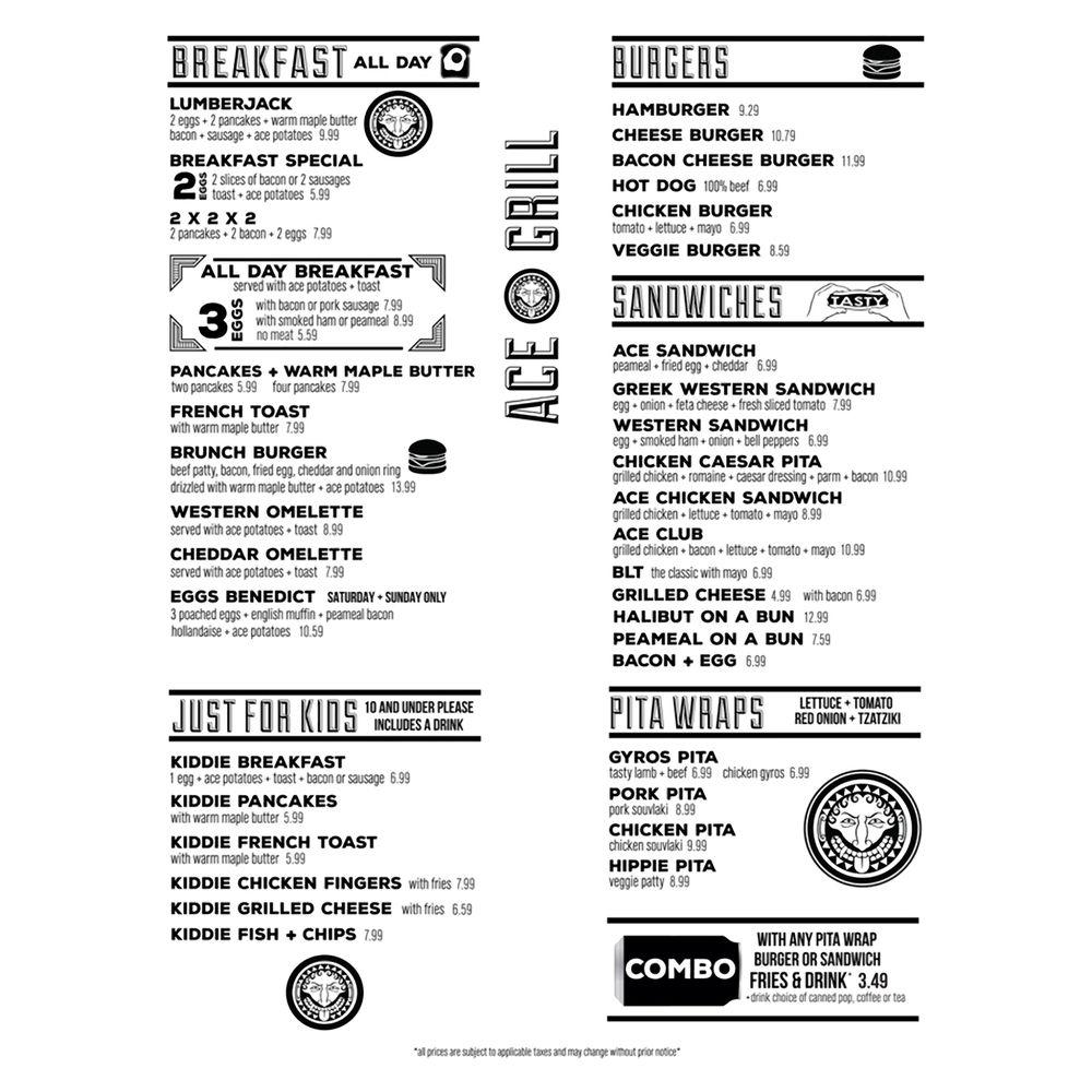 Menu at Ace Grill restaurant, Elmvale