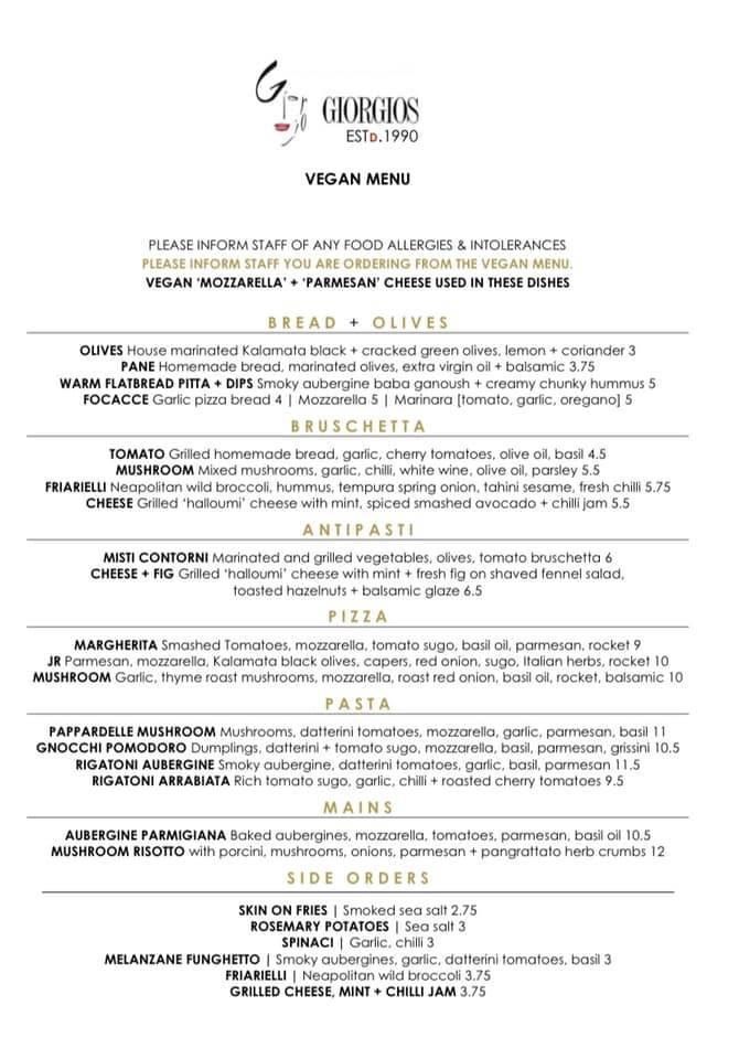 Menu at Giorgios restaurant, Margate